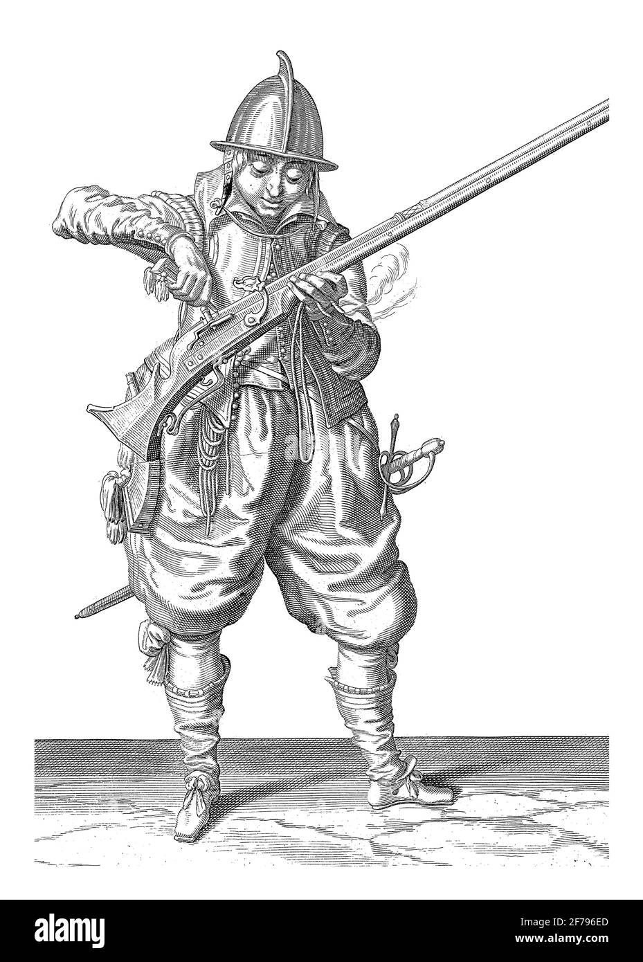 A Soldier, Full-Length, Who Puts Gunpowder pour a powder bottle into ...