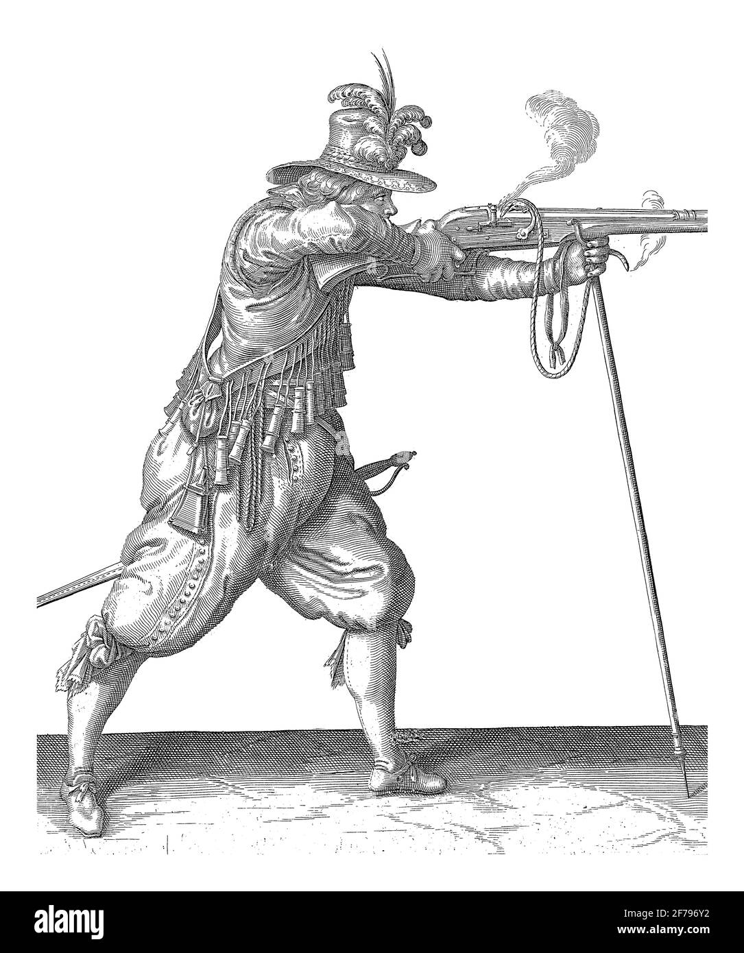 A soldier, full-length, to the right , who is aiming a musket (a ...