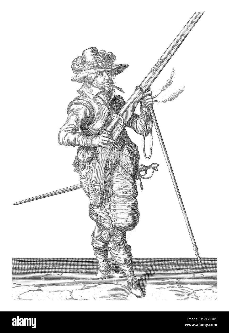 A soldier on guard, full-length, to the right, holding a musket (a ...