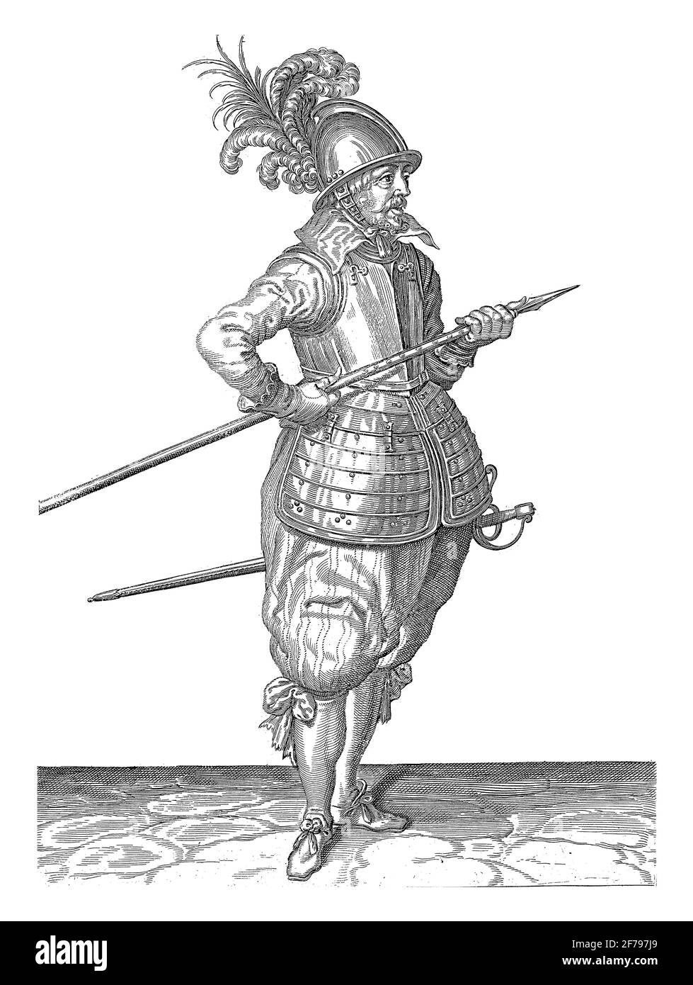 A soldier, full-length, to the right, carrying his spear (lance) with ...