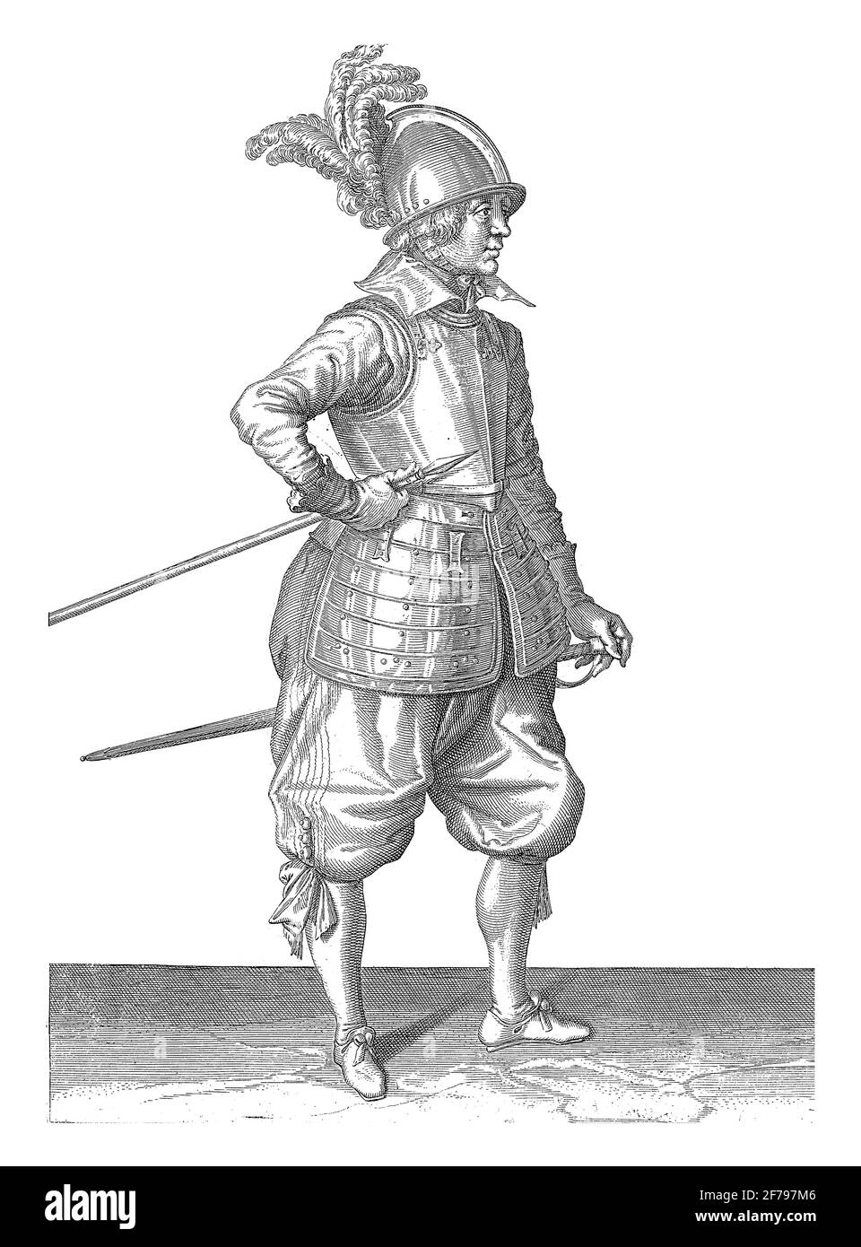 A soldier, full-length, to the right, carrying his spear (lance) with ...