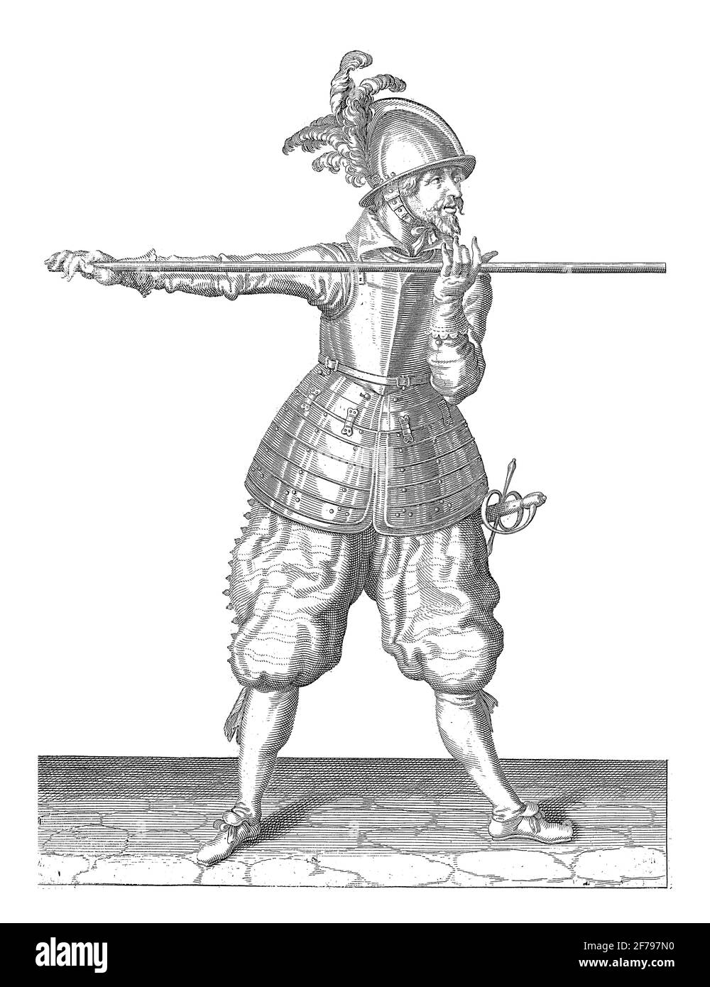 A full-length soldier carrying a spear (lance) with both hands ...