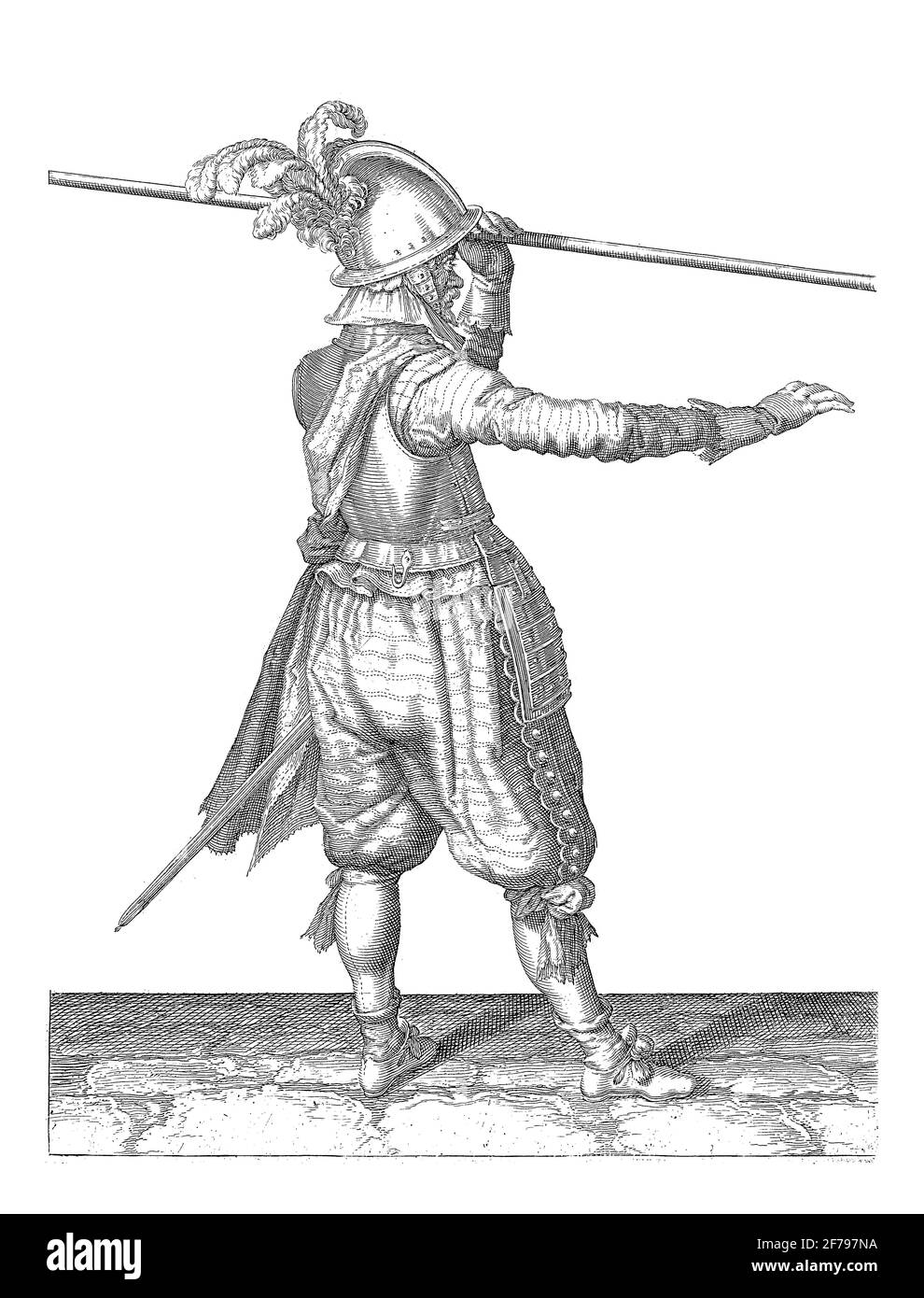 A soldier, full-length, to the right, carrying a spear (lance) with his ...