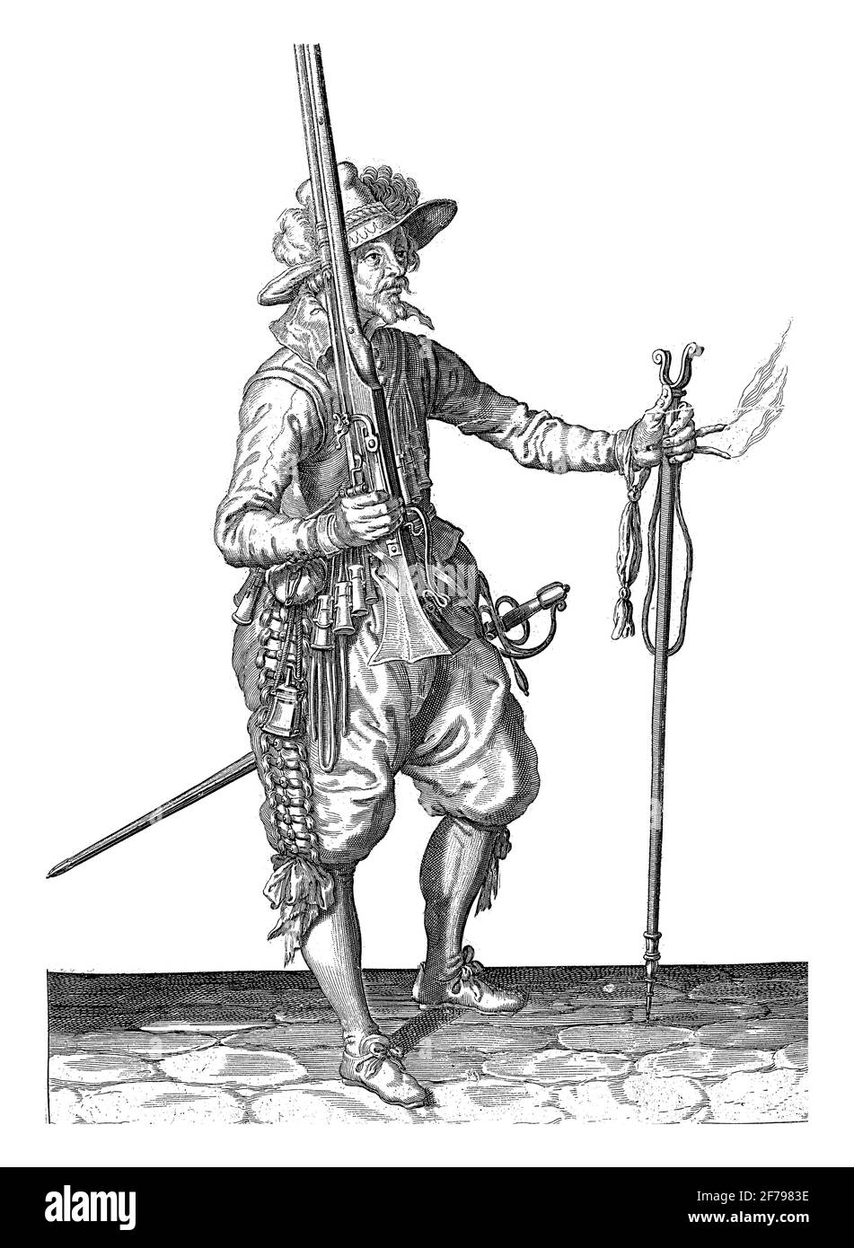 Soldier holding his musket upright with his right hand, furket in his ...