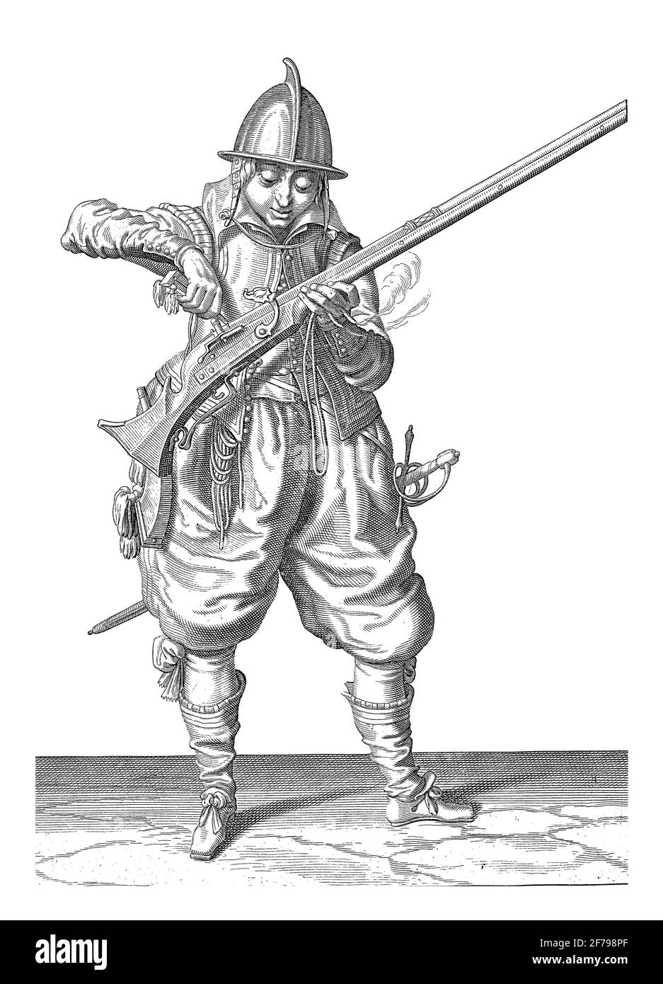 A Soldier, Full-Length pour powder from a powder bottle into the pan ...