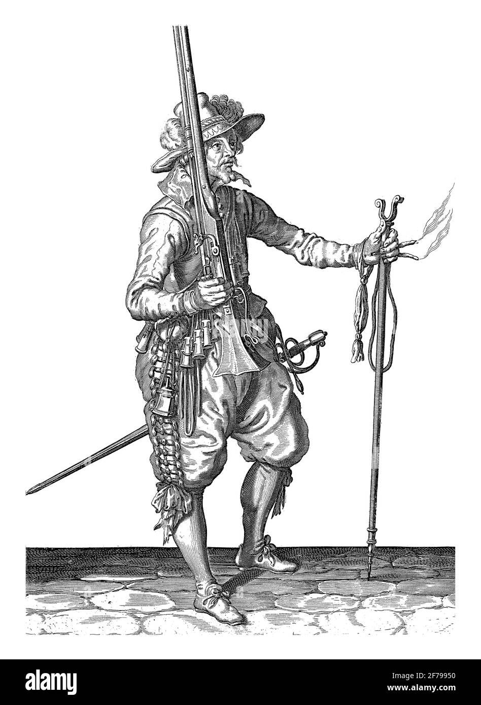 Soldier holding his musket upright with his right hand, furket in his ...