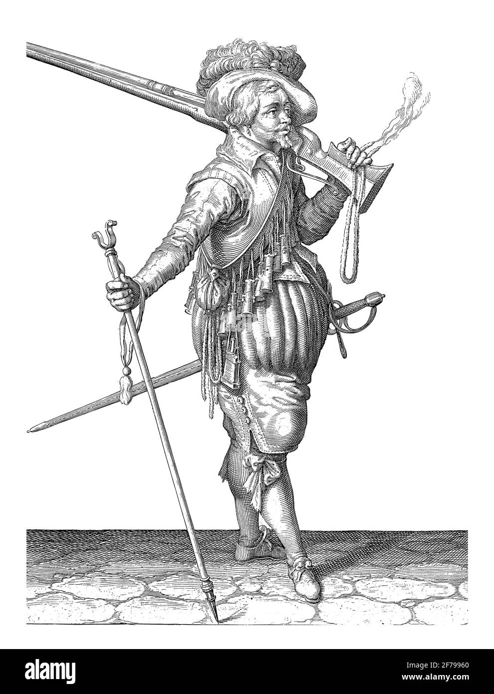 Soldier wearing his musket on his left shoulder and holding his furket ...