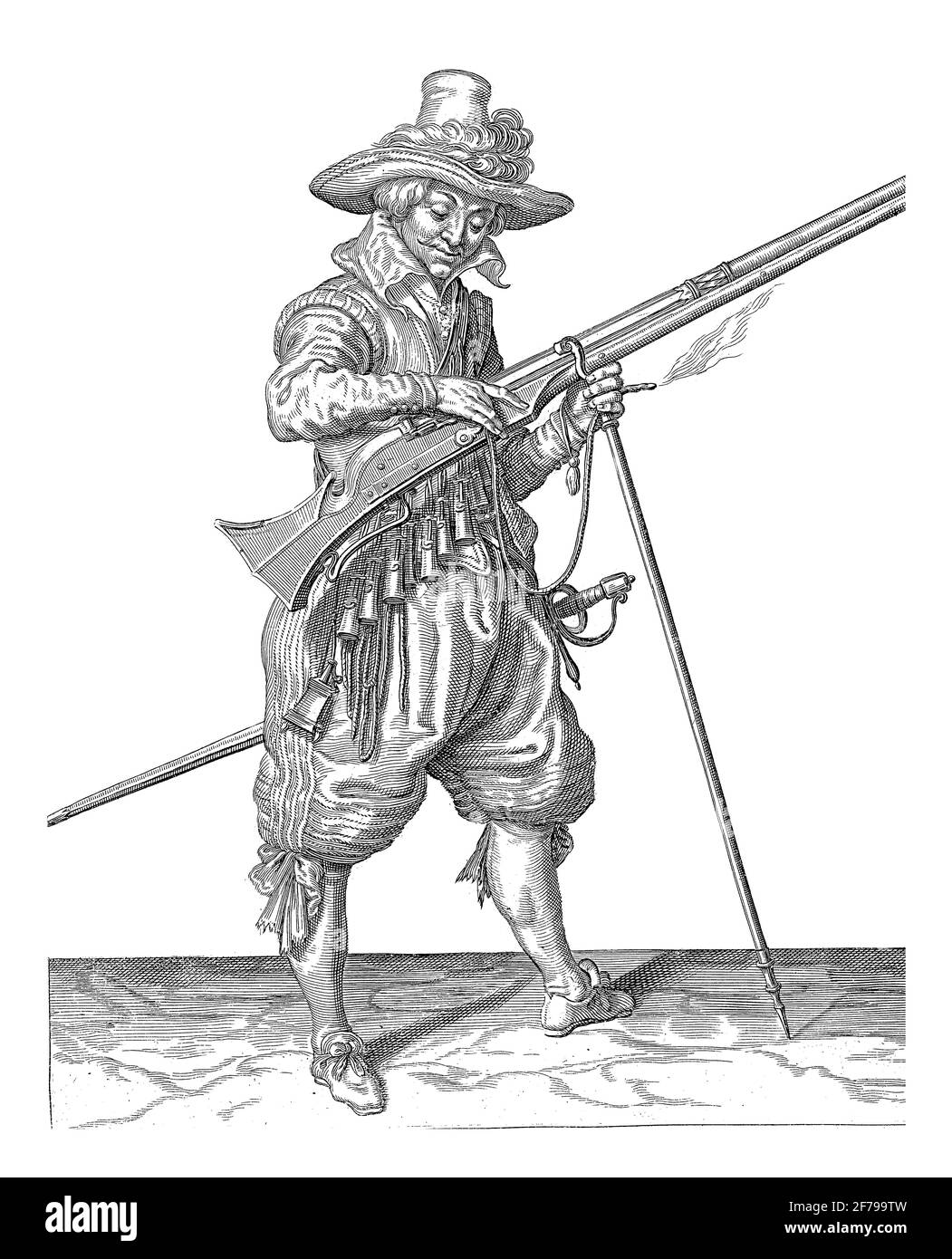 A soldier on watch, full-length, to the right, holding a musket (a ...