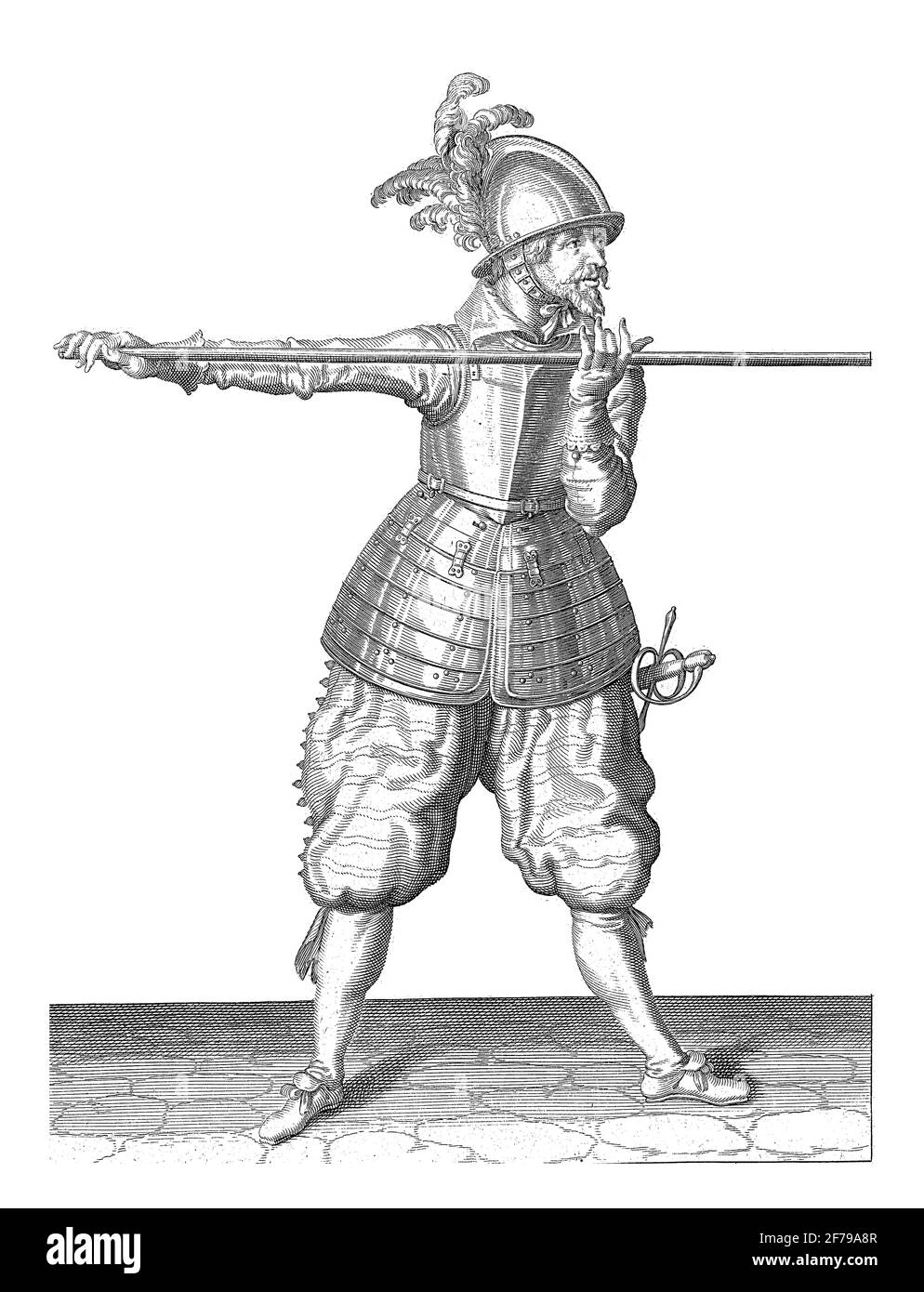 Soldier carrying his skewer horizontally at shoulder height with both ...