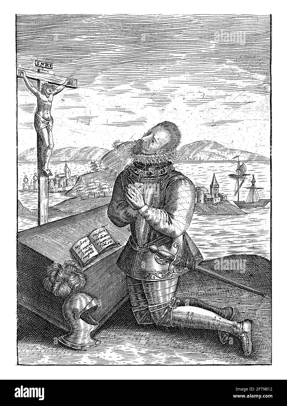 Alexander Farnese, Duke of Parma, kneeling in prayer before a crucifix ...