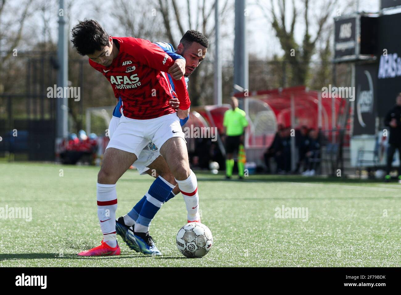 WIJDEWORMER, NETHERLANDS - APRIL 5: Yukinari Sugawara of AZ U23, Dwayne Green of FC Den Bosch ...