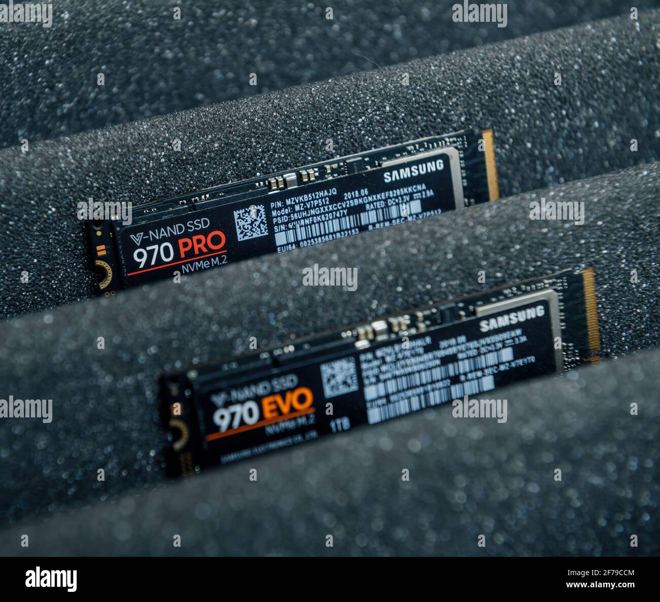 Two new Samsung V-Nand SSD 970 Pro and 970 EVO professional NVME fast M2 disk drive Stock Photo ...