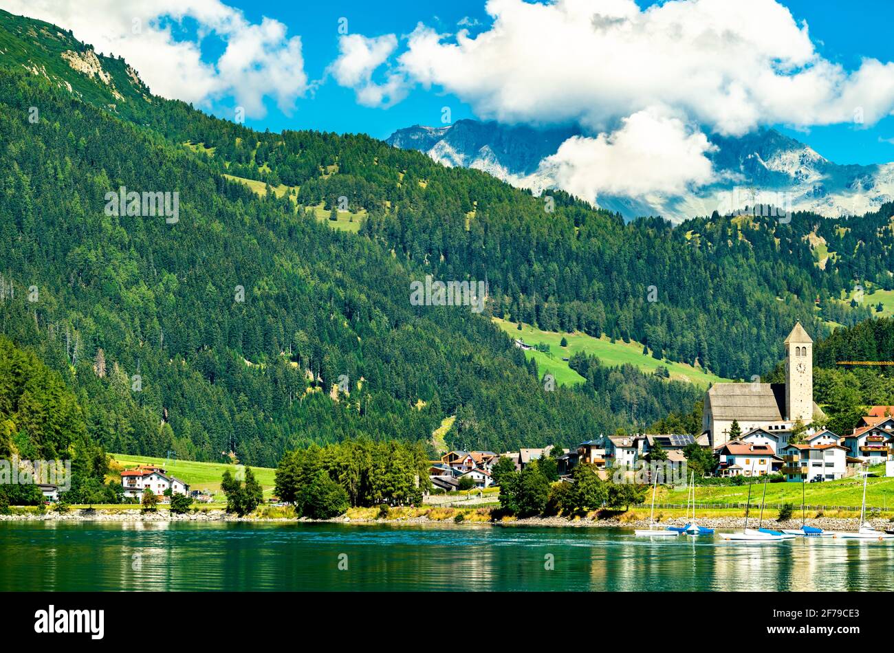 Church at Reschen am See or Resia, a village on Lake Reschen in South ...