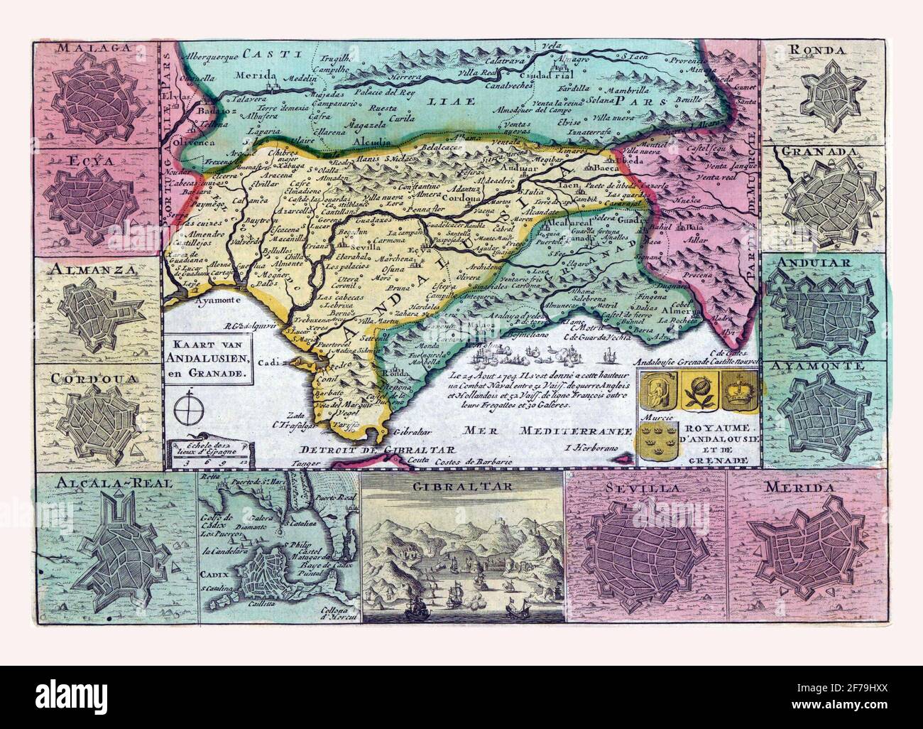 Map of Andalusia with the Battle of Malaga, vintage engraving Stock ...