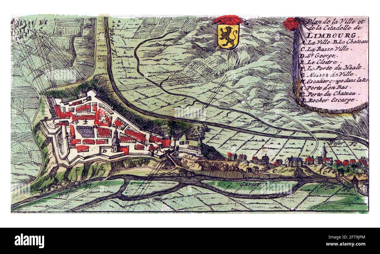Bird's eye map showing the shooting of the city of Limbourg near Liege ...