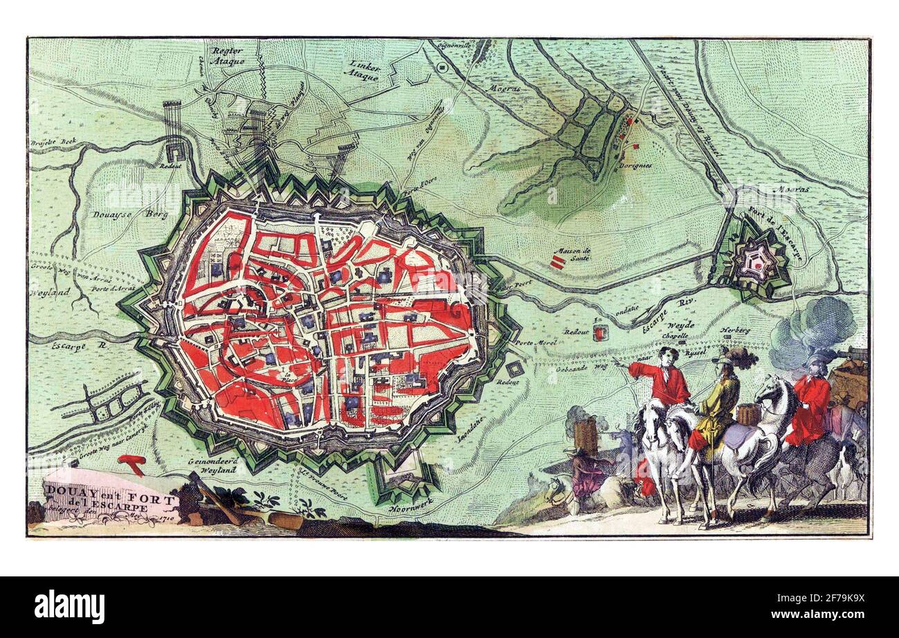 Map of the fortifications around the city of Douai, vintage engraving ...