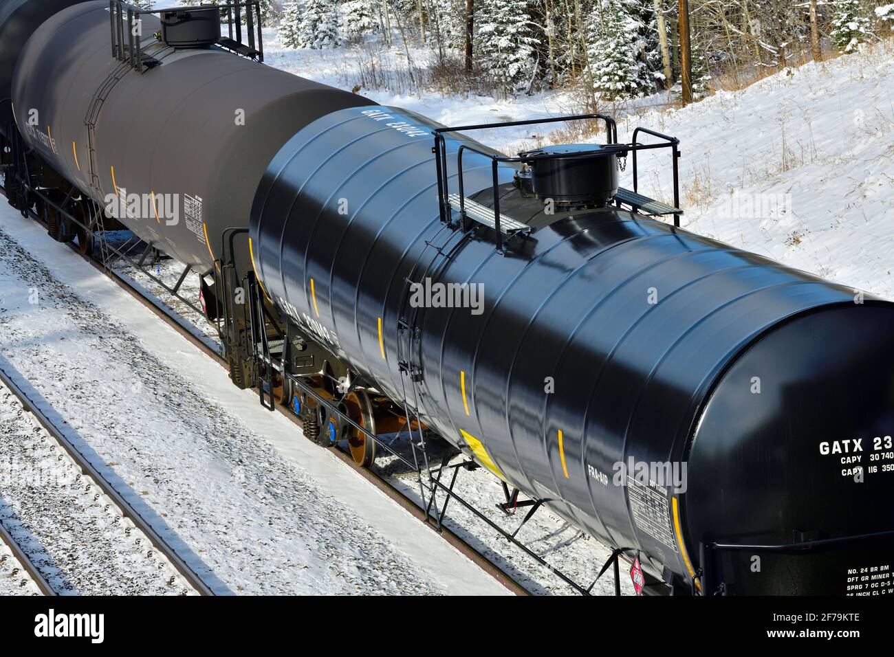 A Canadian National freight train loaded with tank cars traveling in a ...