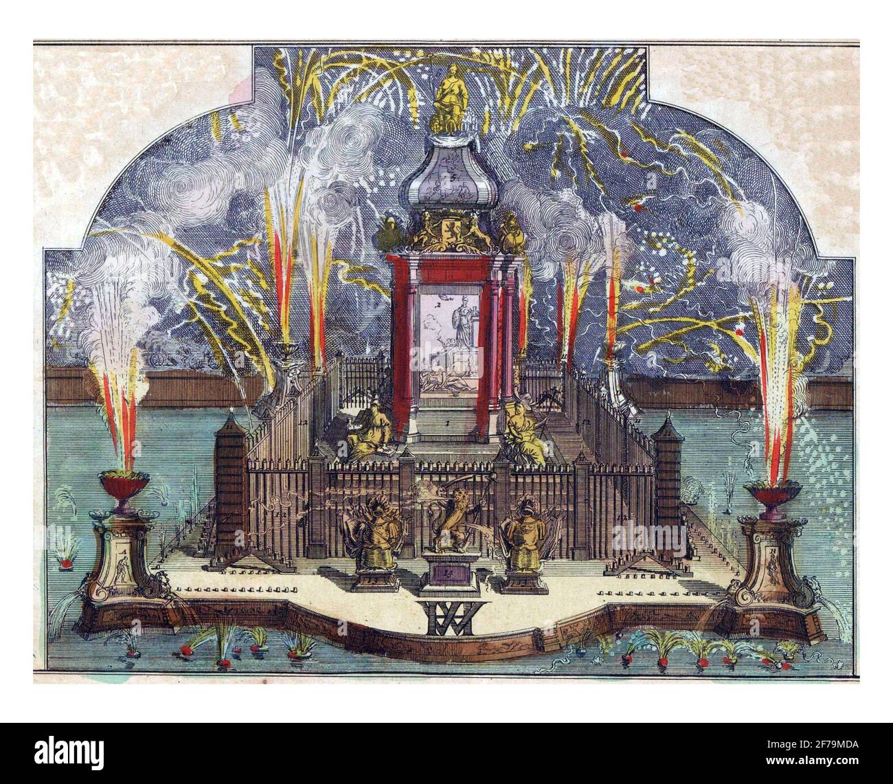 Fireworks at the celebration of the Peace of Utrecht, vintage engraving ...