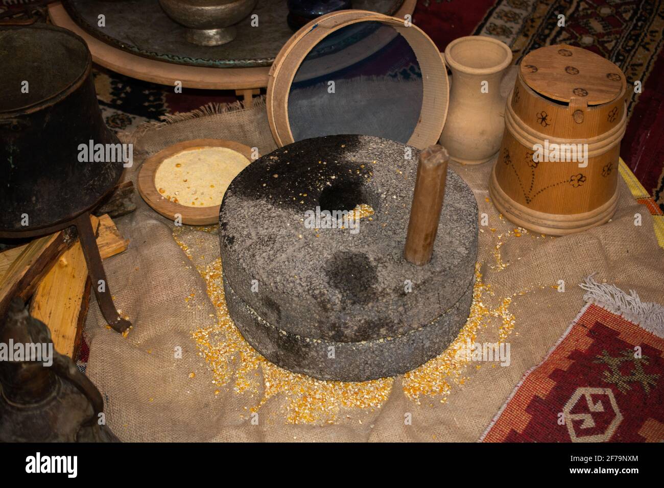 Handmade manual equipment grind mill. Traditional stone handmill Stock ...