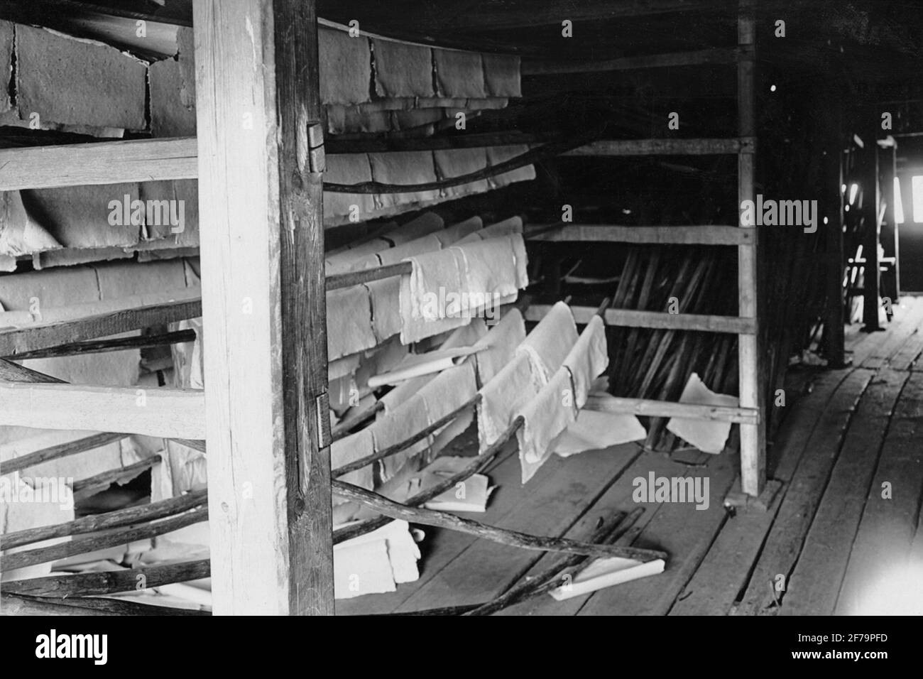 Ösjöfors hand paper mill. Interior of torklofte a pale with sheets ...