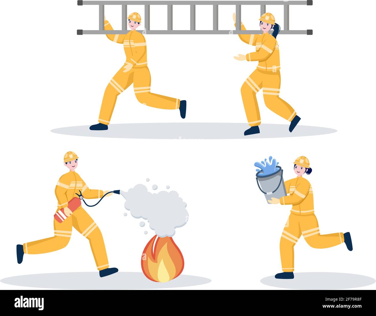 Firefighters With House Fire Engines, Helping People and Animal, Using ...