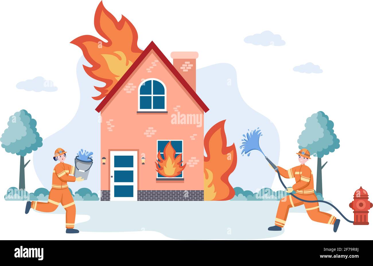 Firefighters With House Fire Engines, Helping People and Animal, Using ...