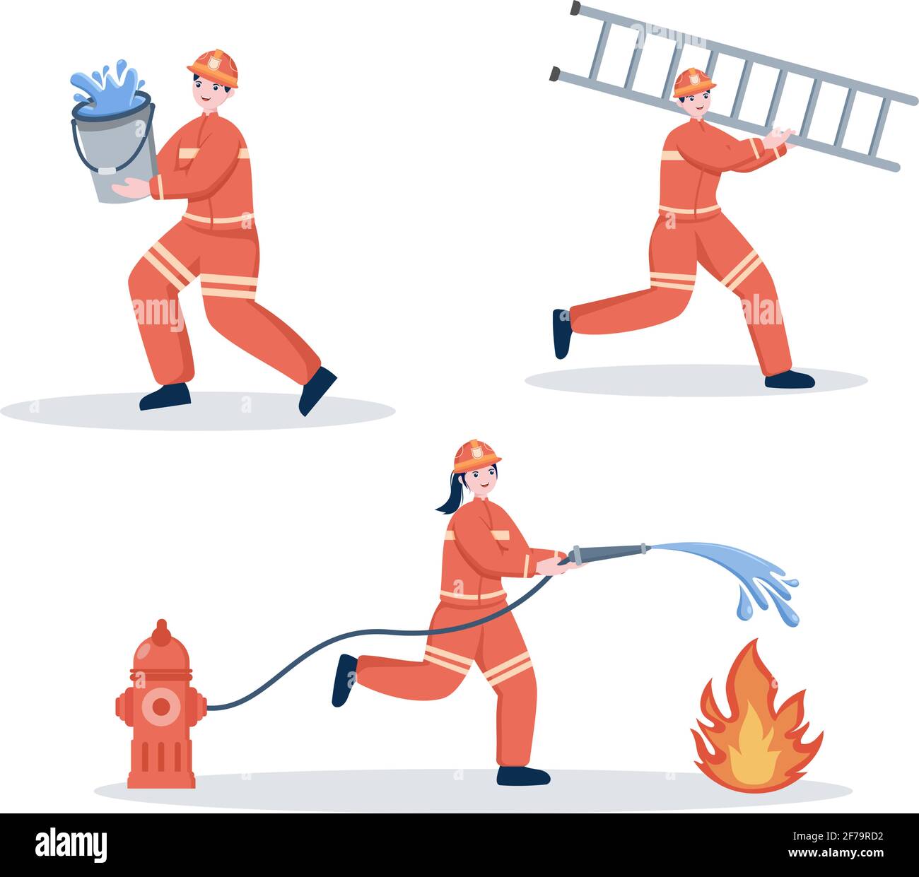 Firefighters With House Fire Engines, Helping People and Animal, Using ...