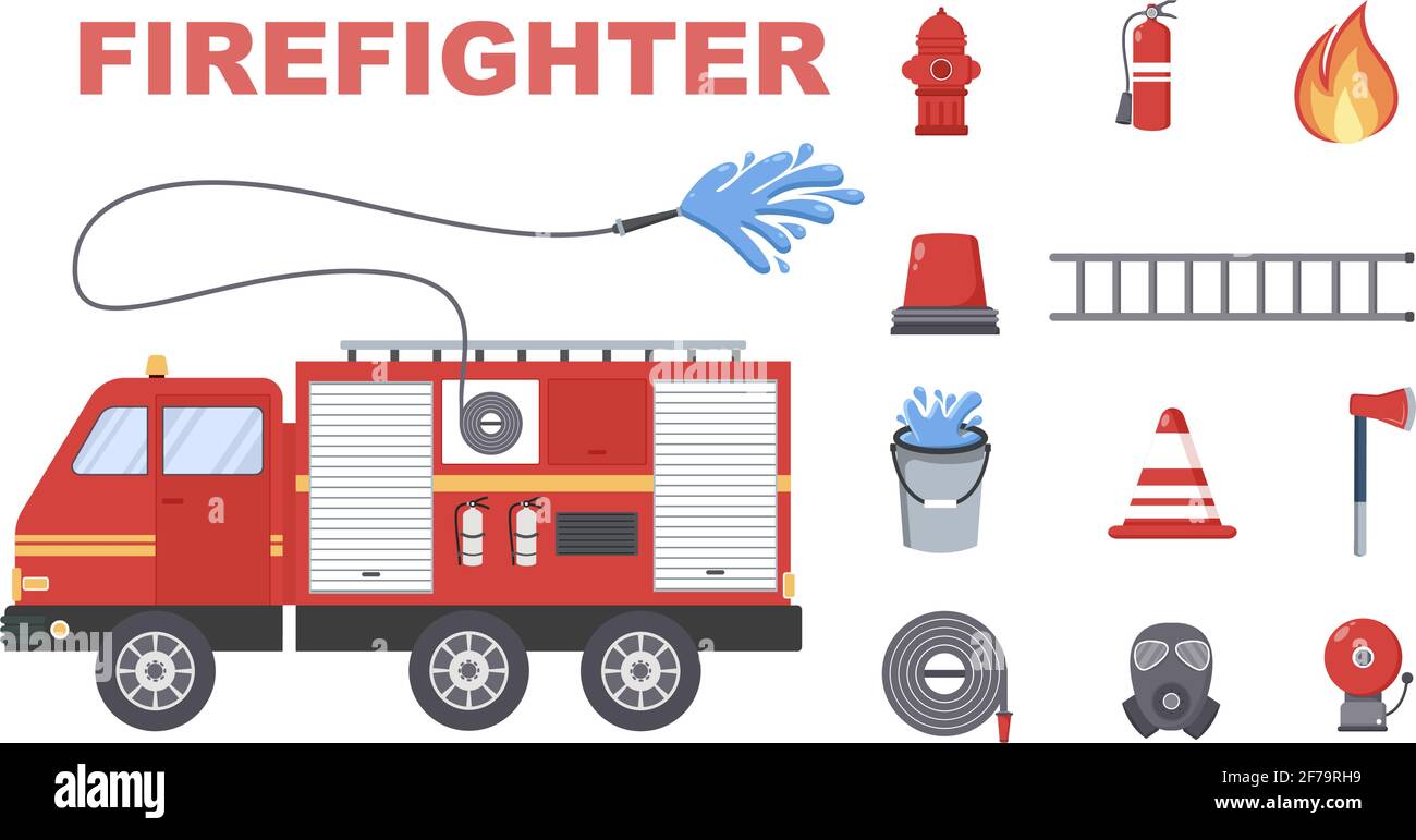 Firefighters With House Fire Engines, Helping People and Animal, Using ...