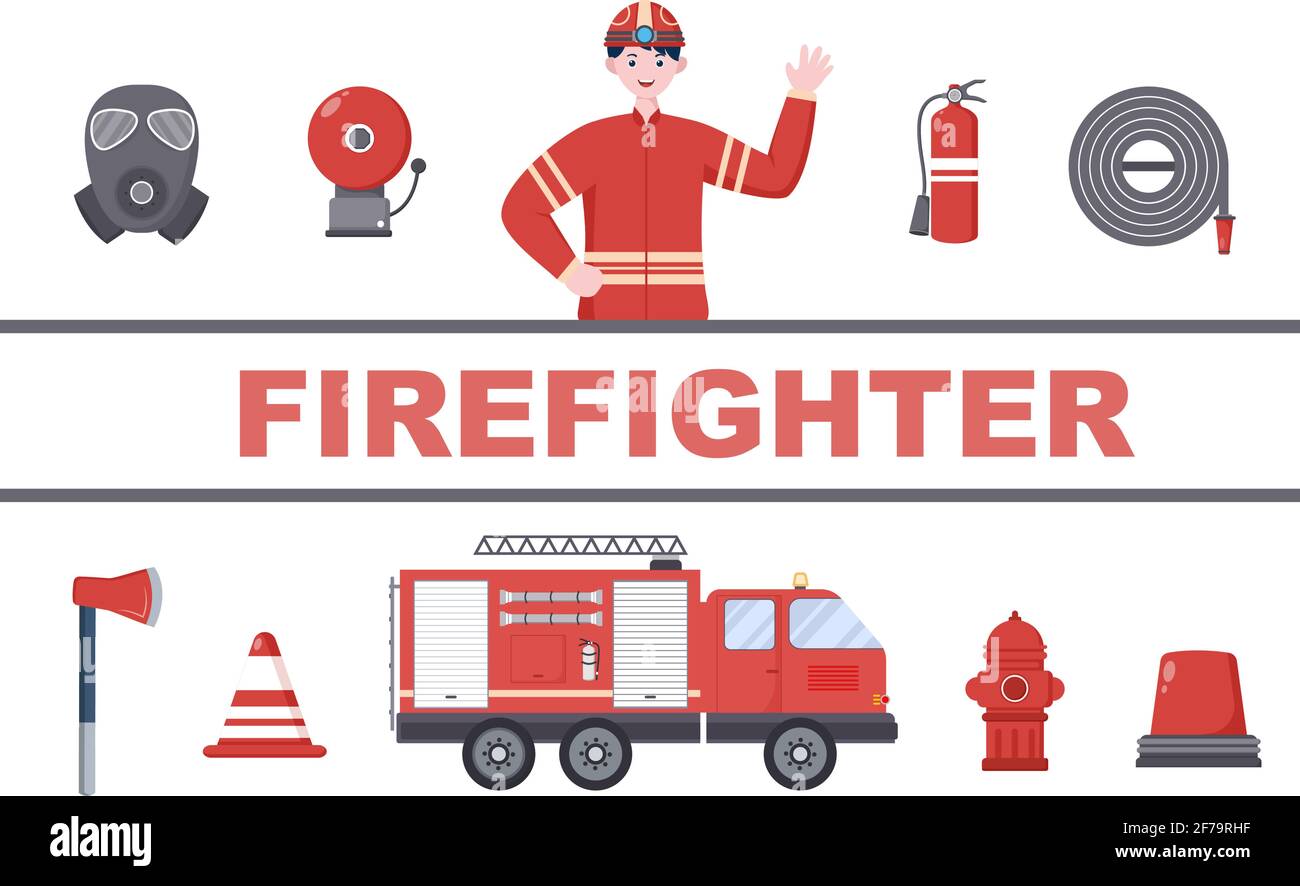 Firefighters With House Fire Engines, Helping People and Animal, Using ...