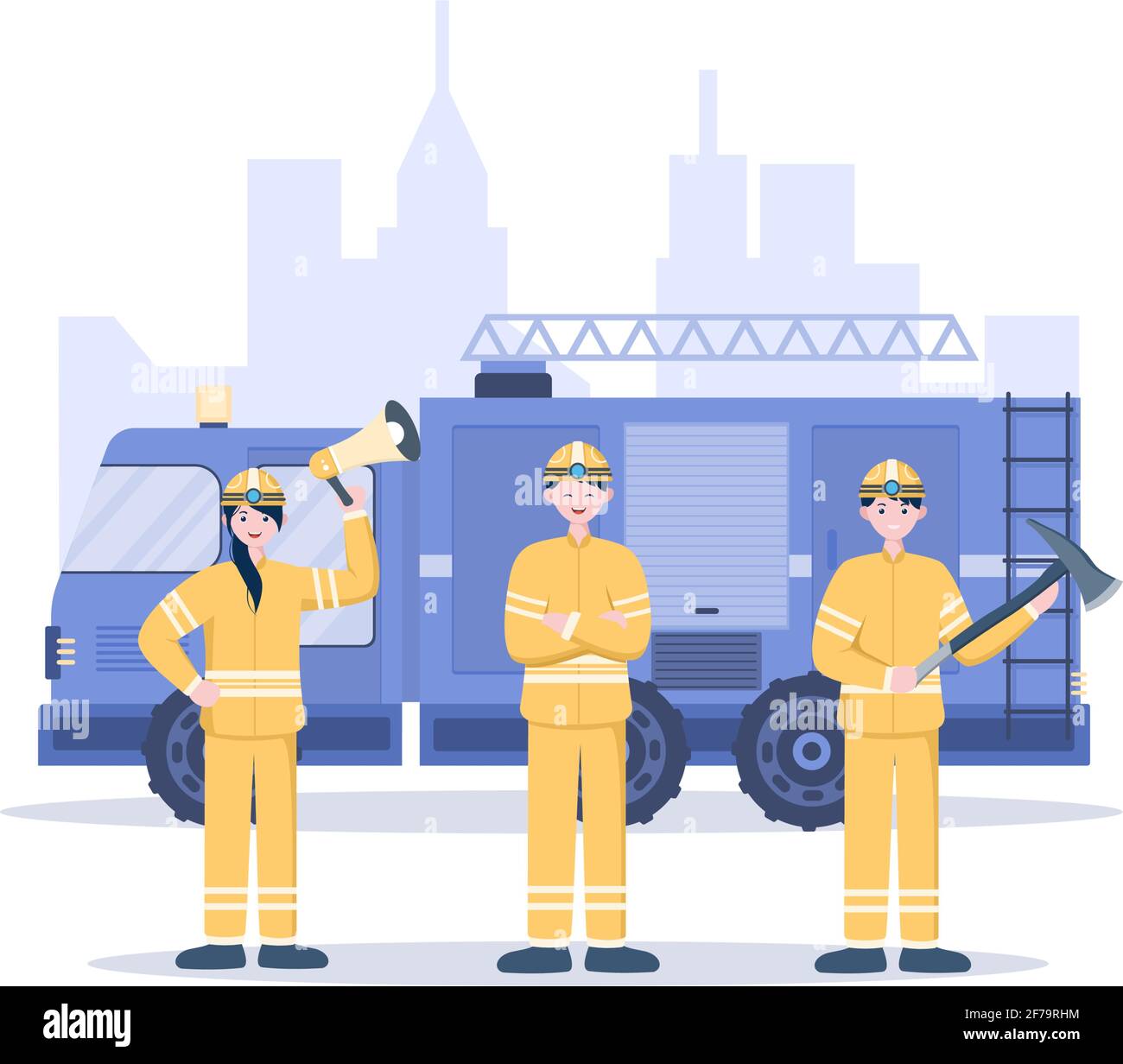 Firefighters With House Fire Engines, Helping People and Animal, Using ...