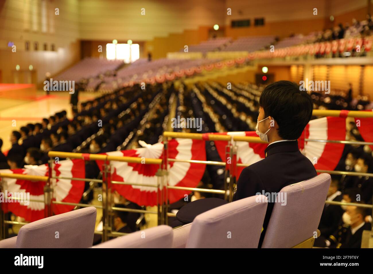 Future students of National Defense Academy listen to a speech by ...