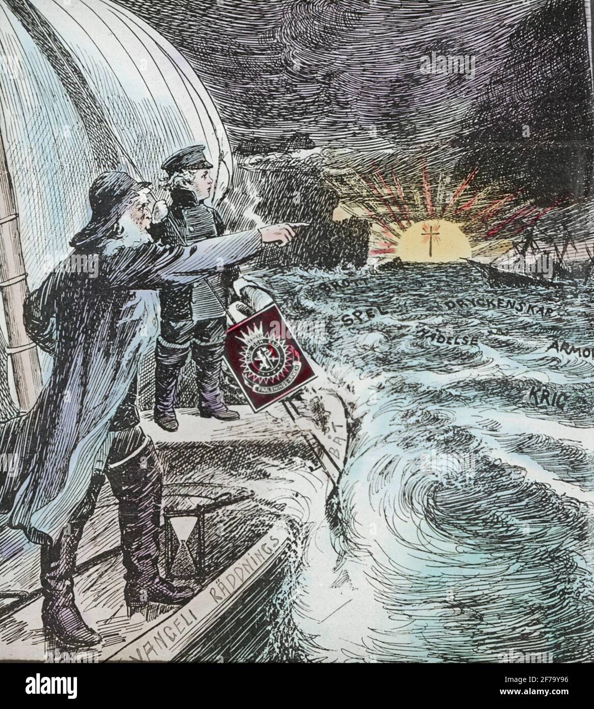 Hand painted light image with motifs of sailors at Salvation Arm rescue ...