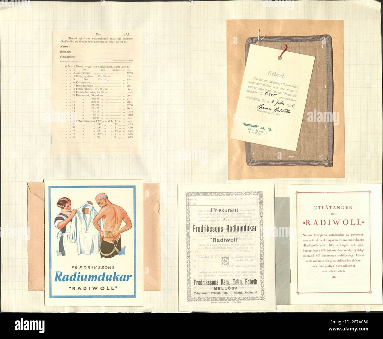 Radium cloth, "Radiwoll". Fabric tests and brochures and price vehicles ...