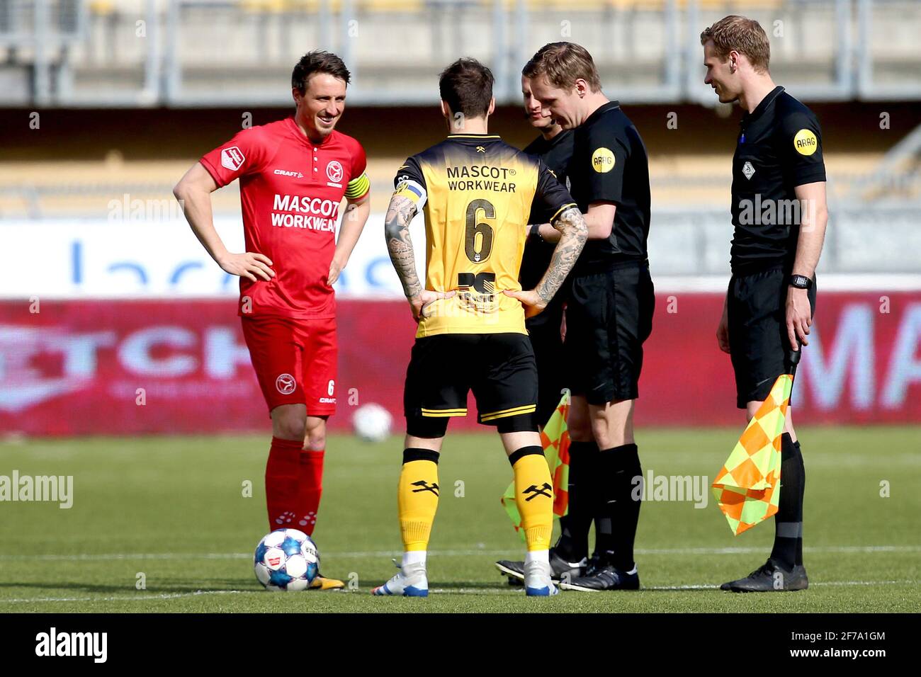 KERKRADE, NETHERLANDS - APRIL 5: Tim Receveur (c) of Almere City FC, Robert Klaasen of Roda JC ...