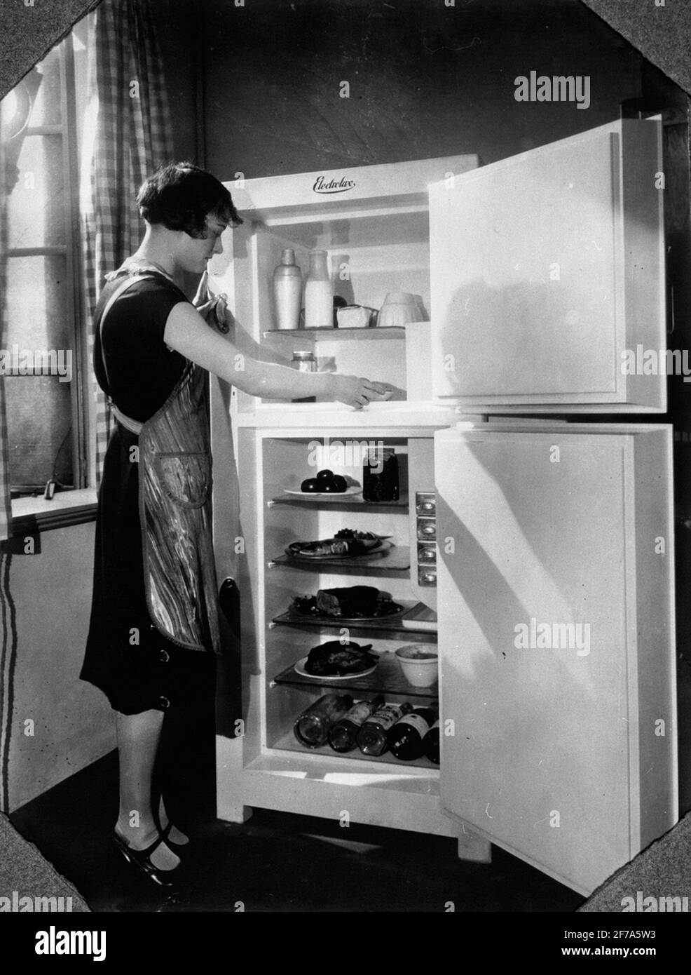 Electrolux refrigerator, open. Female demonstrator Stock Photo - Alamy