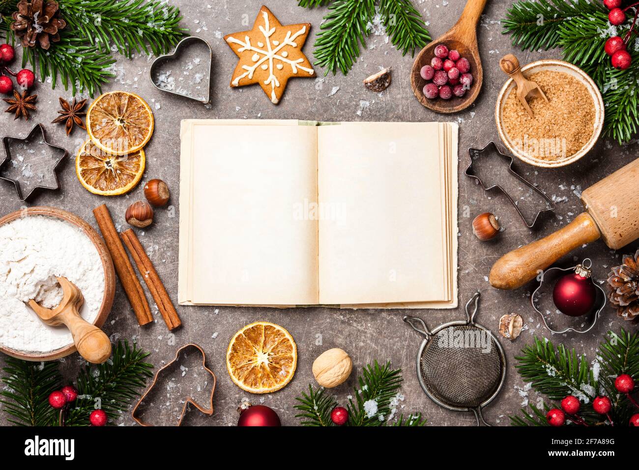 Christmas background. Table for holiday baking cookies with ingredients ...