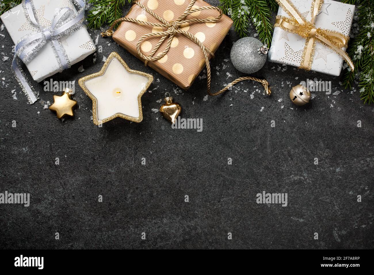 Christmas background with gift boxes and decorations Stock Photo - Alamy