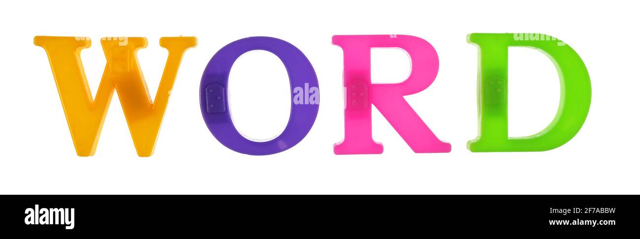 The word word is laid out in multicolored letters, isolated on white ...