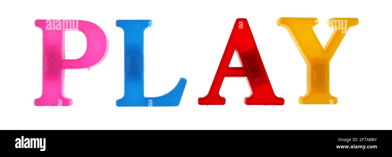 The word play is laid out in multicolored letters, isolated on white ...