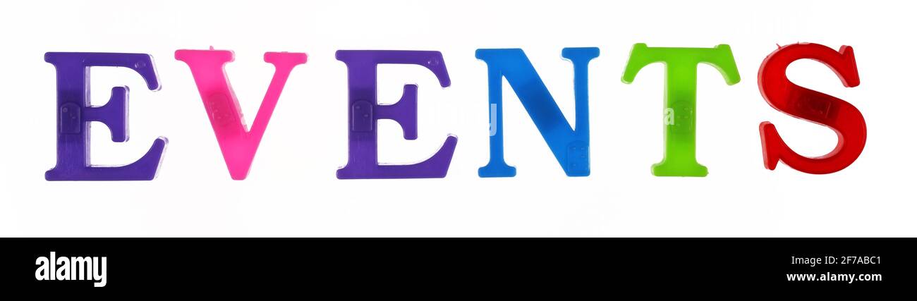 The word events is laid out in multicolored letters, isolated on white ...