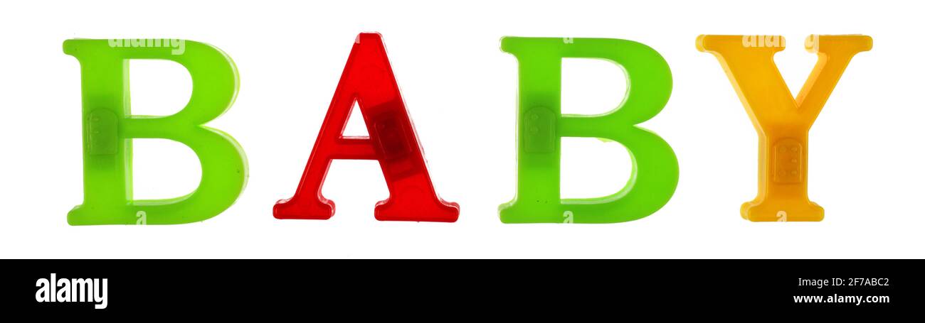 The word baby is lined with multicolored plastic letters isolated on ...