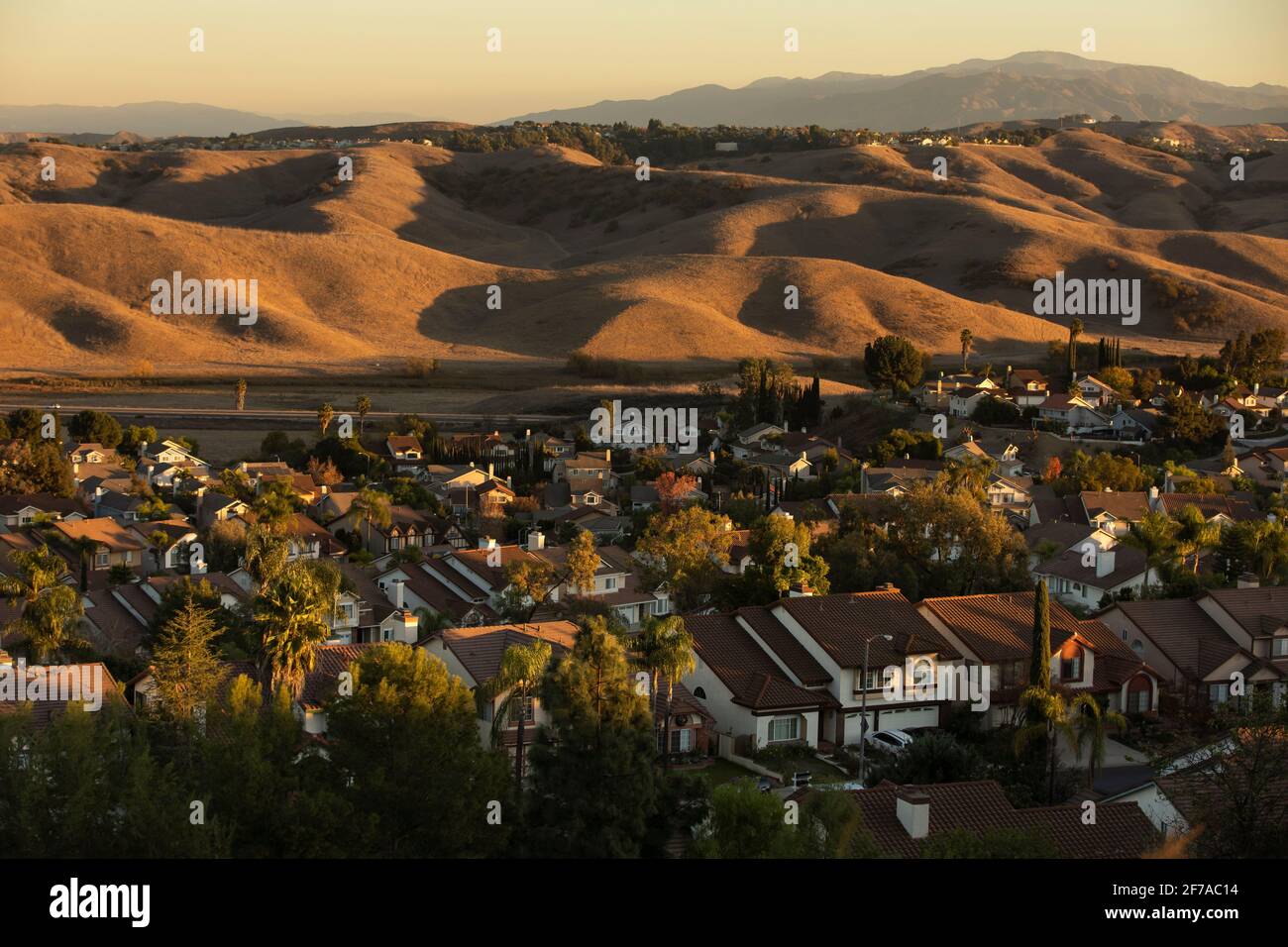 Sunset view of a suburban neighborhood in Diamond Bar, California, USA ...