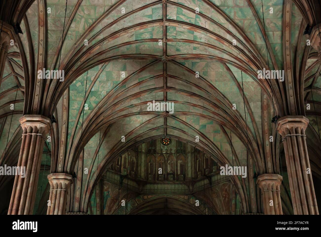 Interior and ceiling of a Catholic church. Design elements include ...