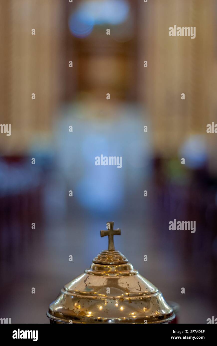 Chalice and wine ready for the holy Catholic mass. Narrow depth of ...