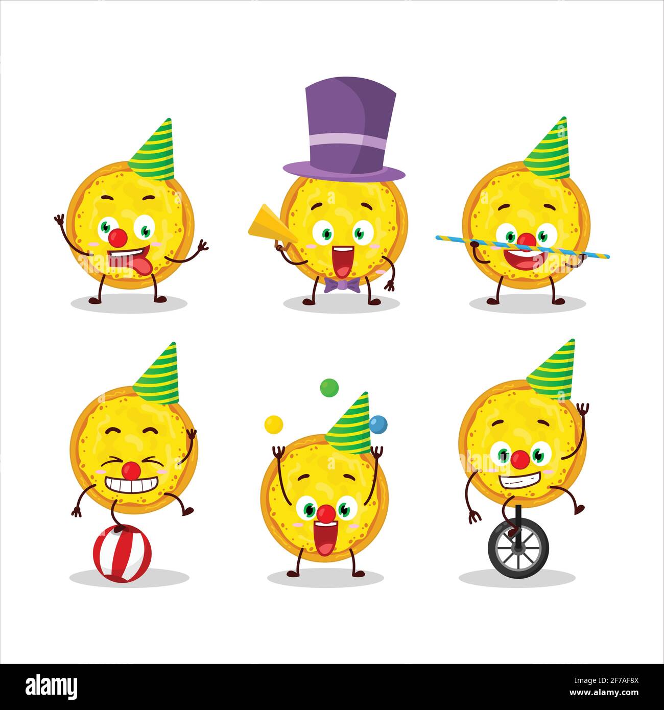 Cartoon character of italian cheese pizza with various circus shows ...