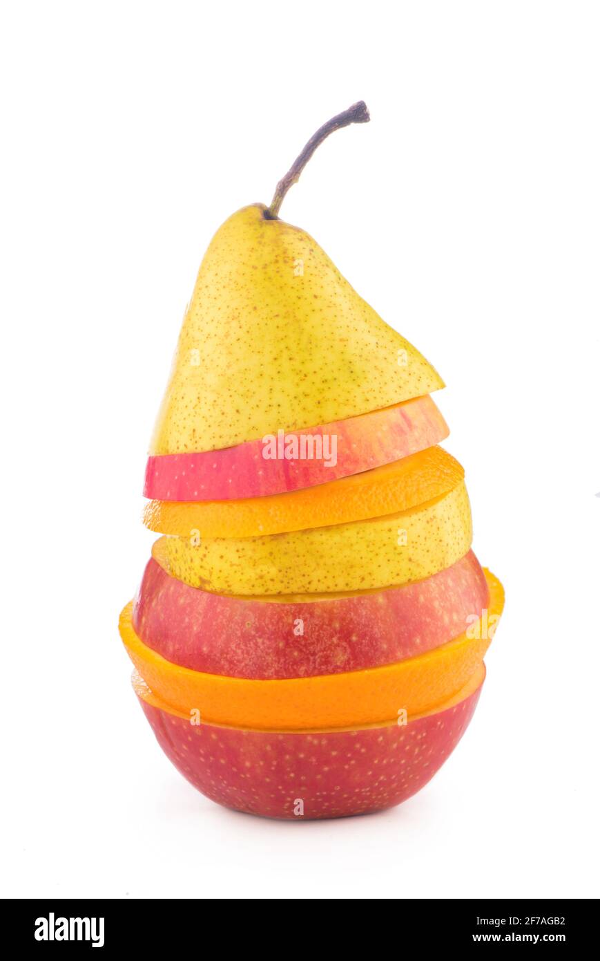 flying slices of fruit: apple, pear, orange on white background Stock ...