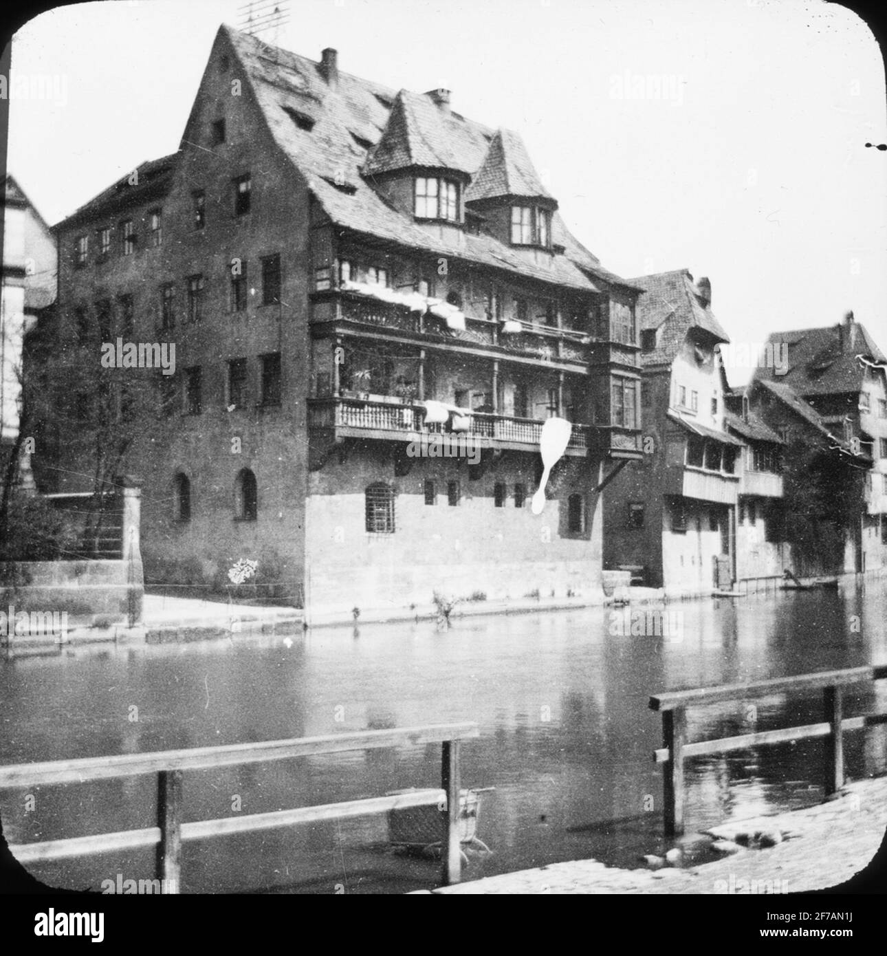 Skiopty icon with motifs from Nuremberg, house on the river Pegnitz.The ...