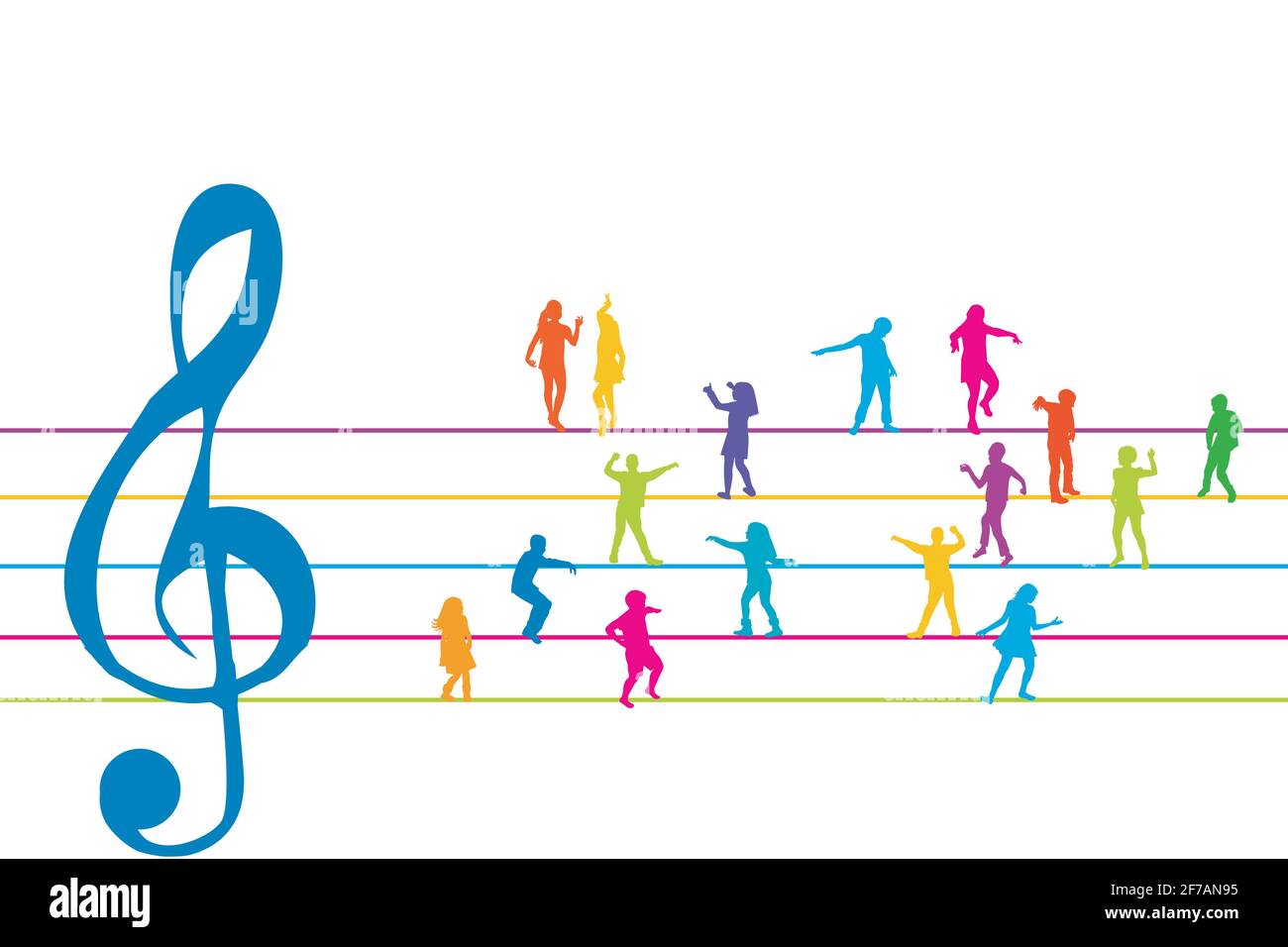 Colorful stave with sol clef and kids dancing instead of musical notes ...