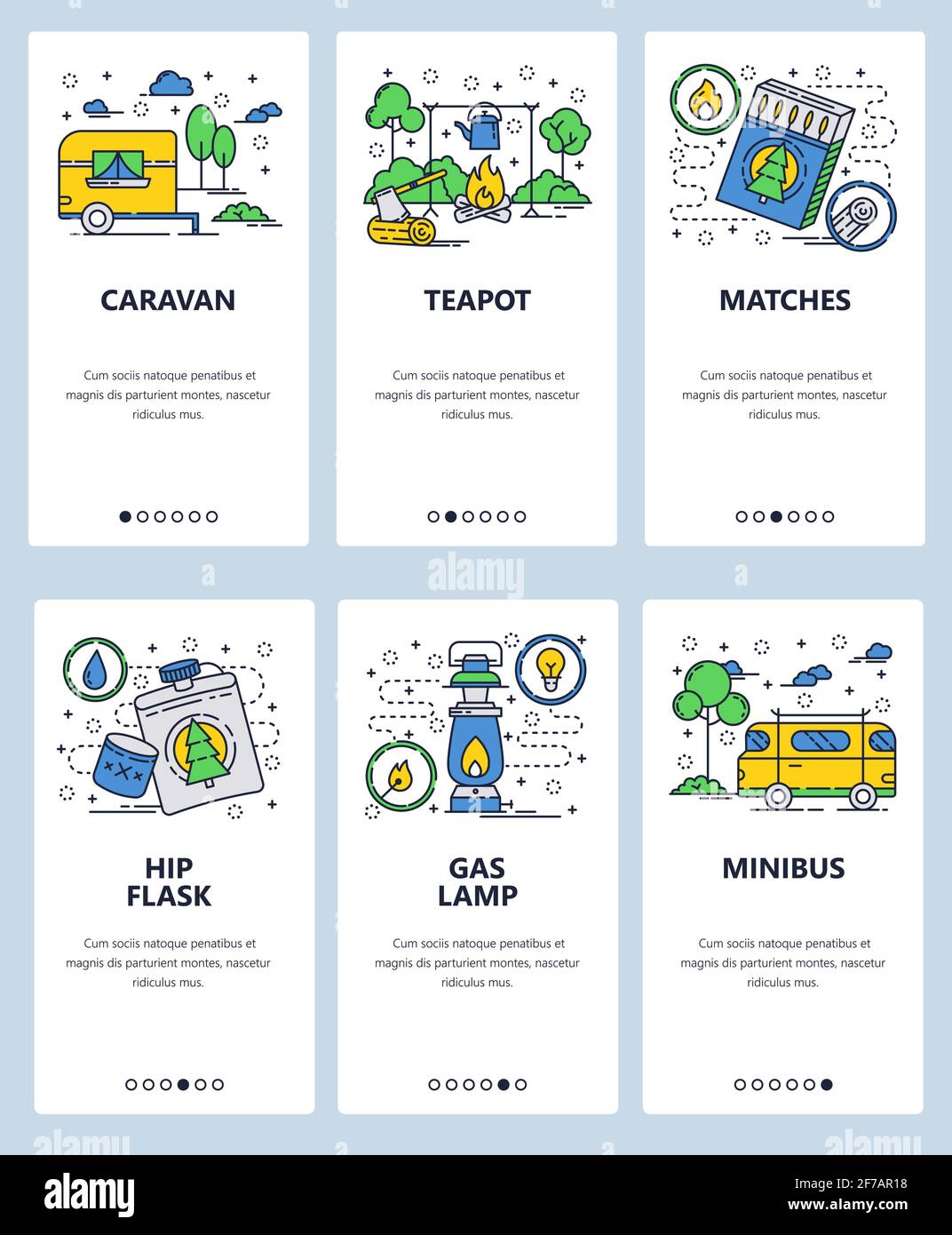 Vector web site linear art onboarding screens template. Outdoor camping ...