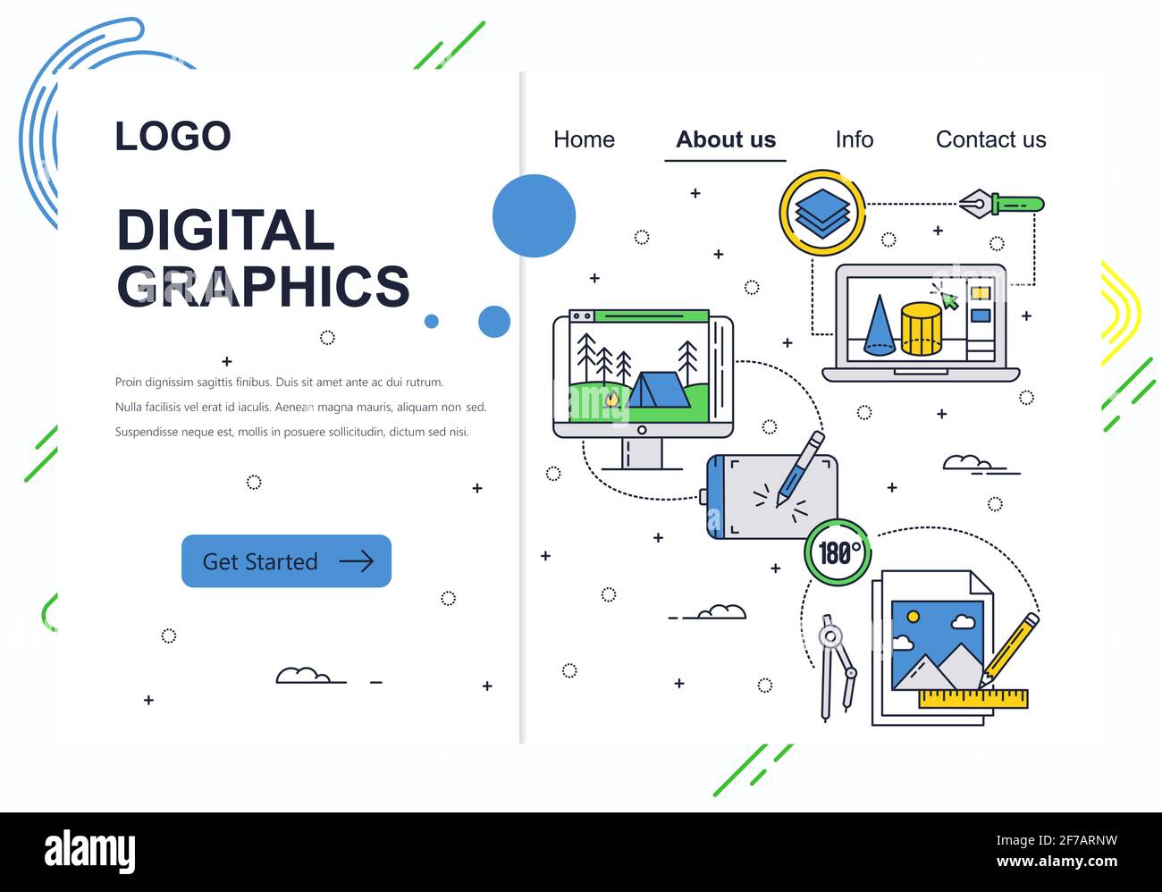 Vector web site linear art design template. Graphic art, drawing tablet ...